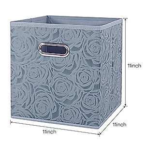 Lucky Monet 3 Pack Rose Pattern Storage Cubes Foldable Fabric Storage Bin Set with Handles Collapsible Storage Box Basket Closet Organizer Drawer (11"×11", Gray)