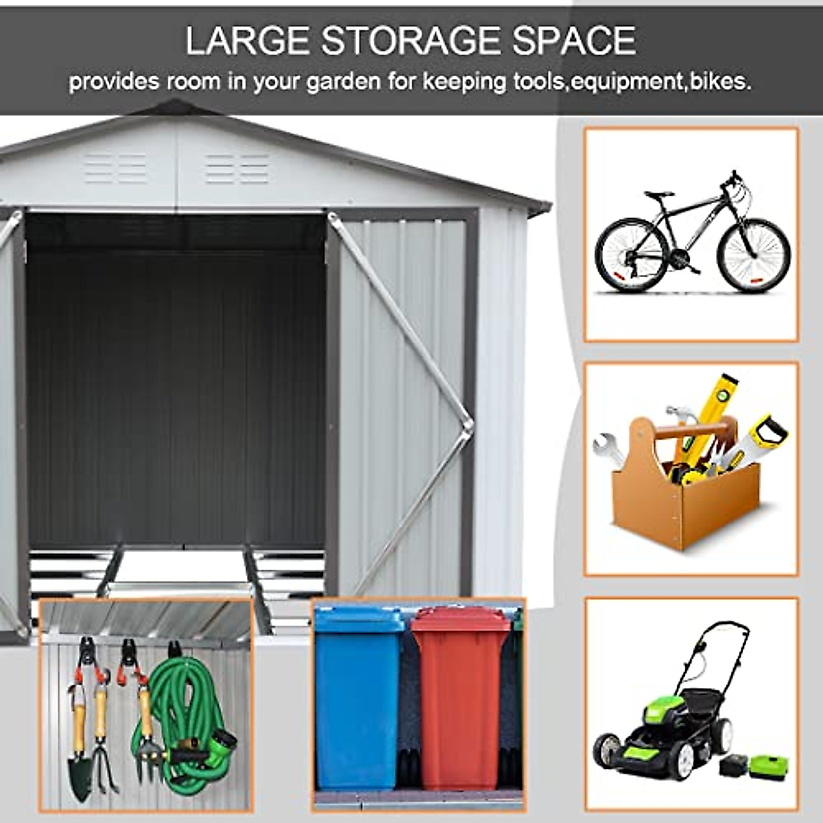 8' x 6' Outdoor Storage Shed,Garden Tool Shed with Floor Frame Kit,Hooks and Lockable Doors,Metal Shed Outside Storage Sheds for Backyard,Patio to Store Tools Bikes Lawn Mower(No Floor)