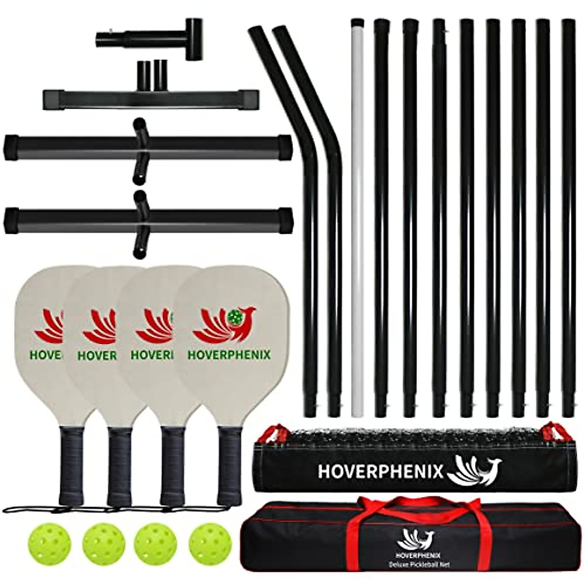 Hoverphenix Pickleball Set with Net for Driveway, Portable Regulation Size Pickleball Net System with Paddle Set of 4, Outdoor Pickleballs, Carry Bag, Weather Resistant Metal Frame