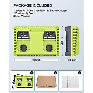 WaxPar 2 Ports P117 for Ryobi Charger Compatible with Ryobi 18v Dual Battery Charger ONE+ P117 P118 12V-18V Max Li-Ion NiCd NiMh Battery P100 P102 P103 P105 P107 P108 18V Dual Chemistry Fast Charger