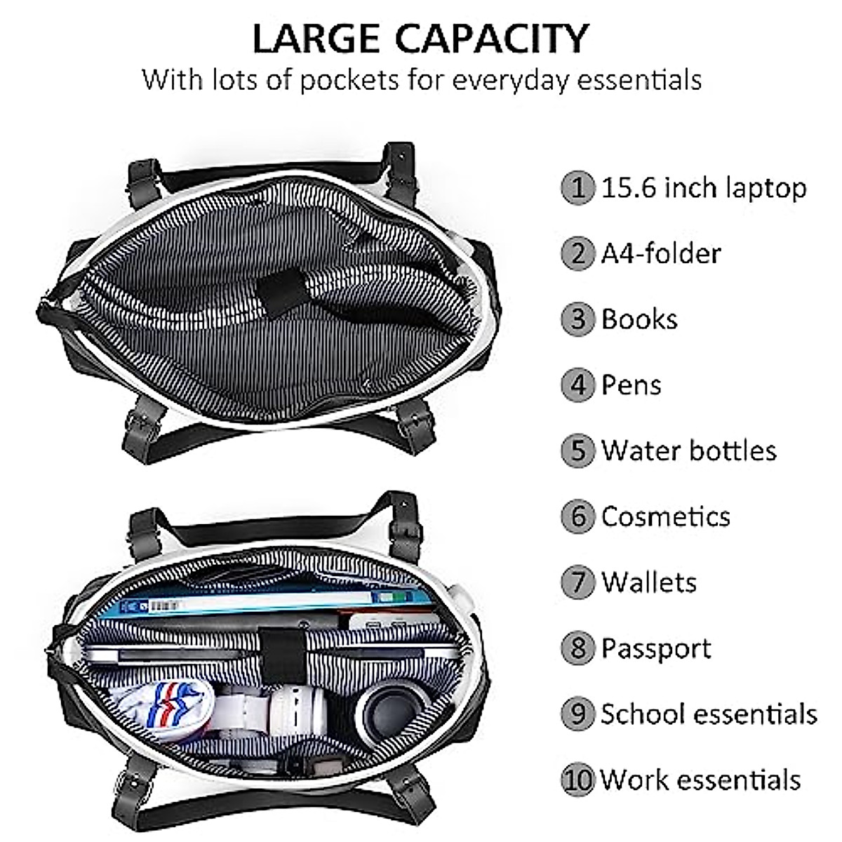 Cute Tote Bags for Women,Lightweight Laptop Bag with Zipper and Pockets for Work Travel College,School Book Bag Handbags,Canvas,Black