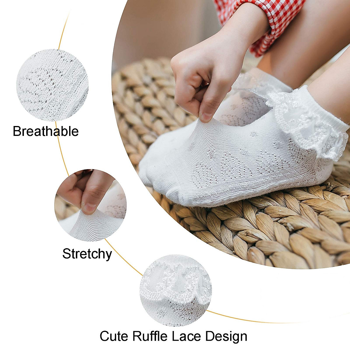 Mini angel Baby Lace Socks Newborn Girls Eyelet Lace Ruffle Frilly Ankle Socks Soft Cotton Dress Socks with Box Gift Set,6 Pairs,White/Cream/Pink/Grey/Light Green/Purple,0-3 Months