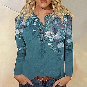 Women's Tops Fall Comfortable Blouse Printed Loose Fit Pullover Casual Tunic Button Down Full XL Mattress Topper Shirt Long Sleeve Tshirt Neck Shirts for Women（4-Blue,Small）