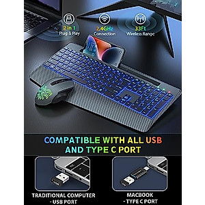 Wireless Keyboard and Mouse Backlit, Wrist Rest, Jiggler Mouse, Phone Holder, Ergo Rechargeable Silent Light Up Combo for Computer, Mac, PC, Laptop, Chromebook - by SABLUTE, Gray