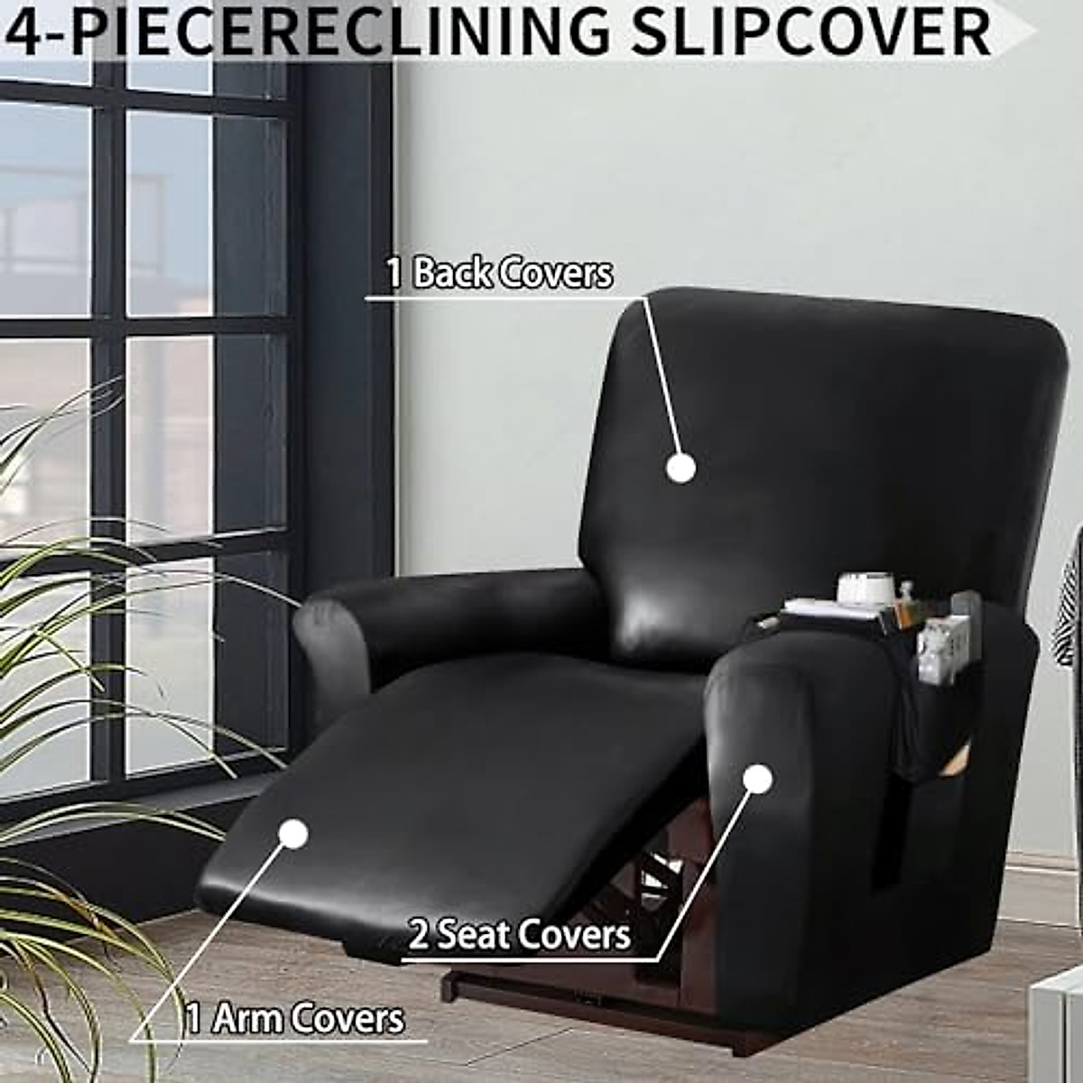 HewTLES PU Leather Recliner Cover, Elastic Waterproof Sofa Cover, 4-Piece Recliner Cover with Pockets, Easy to Clean Recliner Covers for Large Recliner，Added armrest Storage Pockets (Black)