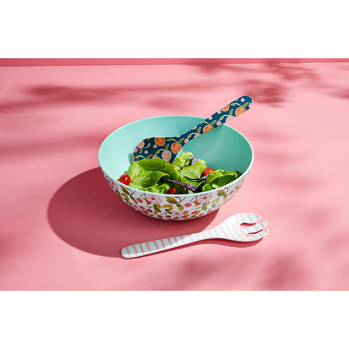 Mud Pie Cherry Melamine Serve Bowl Set, 4" x 11" Dia | Utensils 10 1/2", Blue