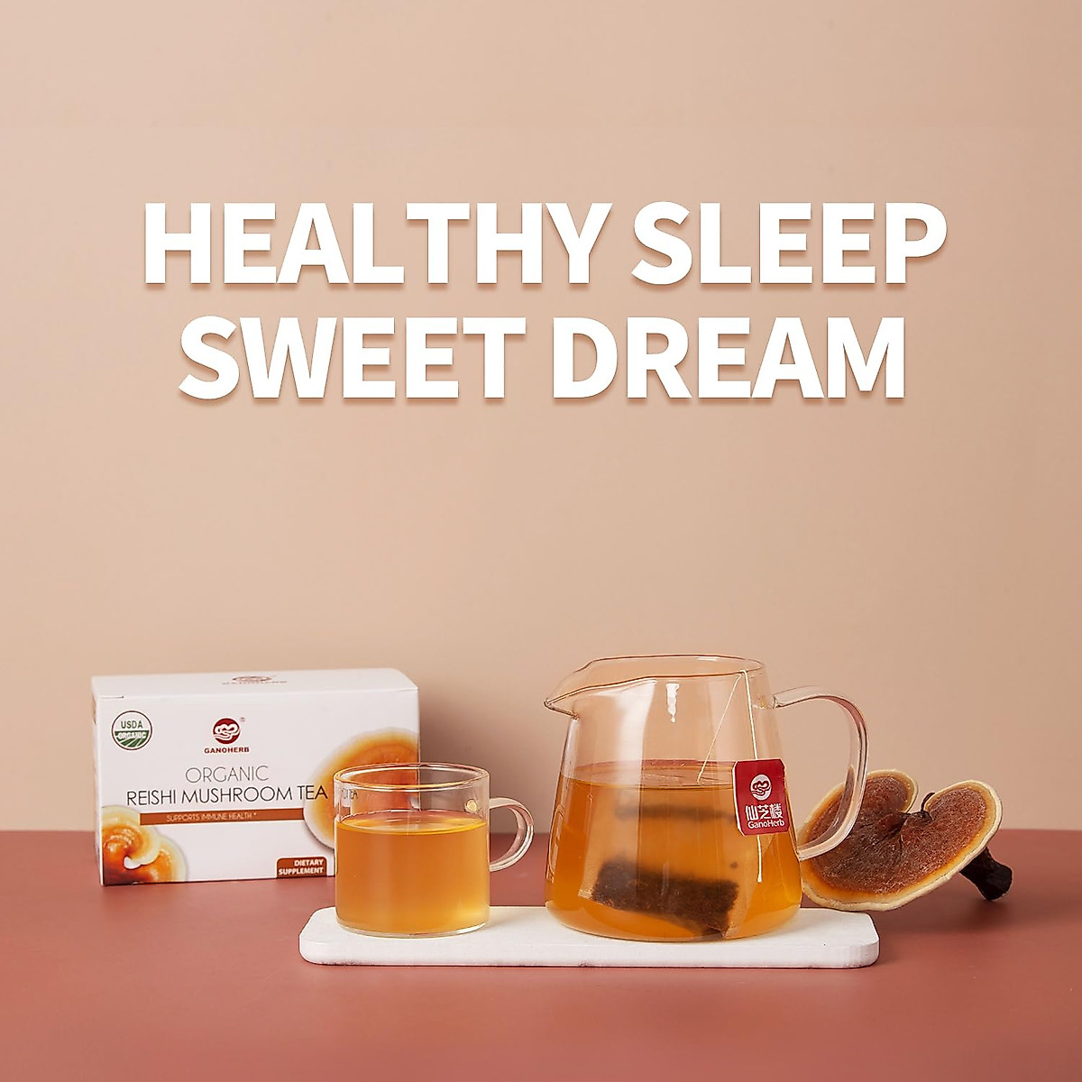 GANOHERB Organic Reishi Mushroom Tea, Adaptogen Ganoderma Lucidum Herbal Tea for Immune Health Boost, Stress Relief, 100% USDA Organic, Caffeine-Free, No Sugar, 25 Count (Pack of 1)