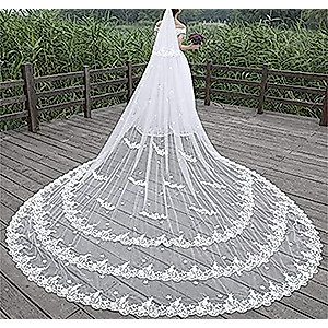 Weddings Veils 2 Tier Long Cathedral Length Lace Appliques Flowers Bridal Veil with Comb White Ivory