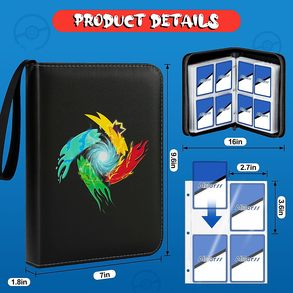 AIMerss 440 Pockets Trading Card Binder with 55 Removable Card Sleeves, 4-Pocket Card Holder Book Compatible with Baseball Binder for Cards, Card Collector Album with Zipper Carrying Case