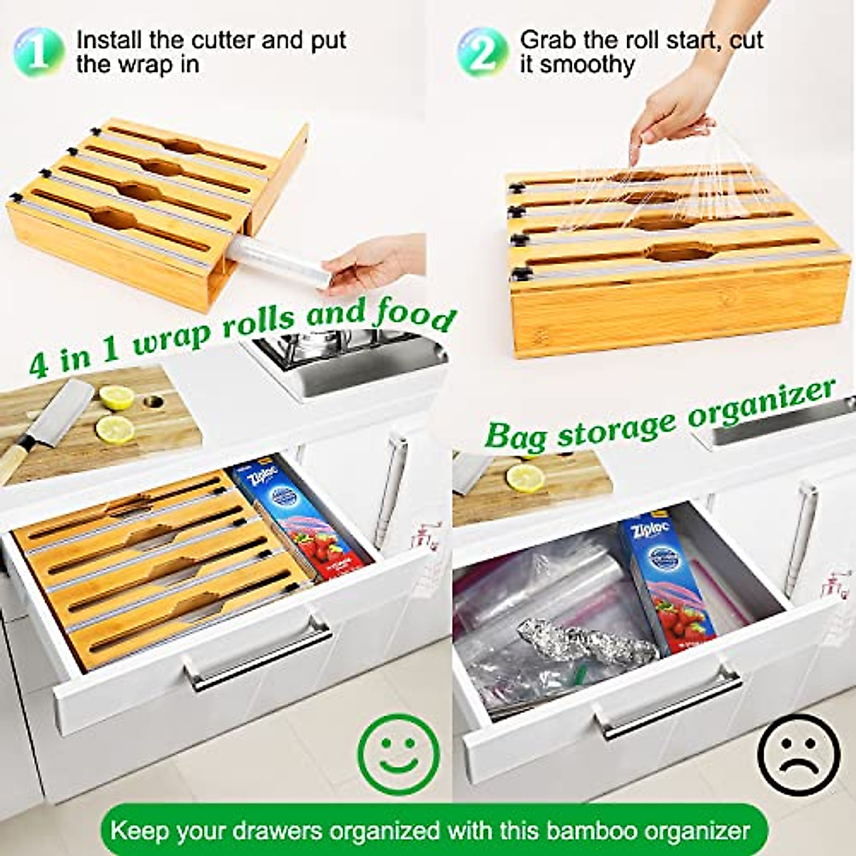 Foil and Plastic Wrap Organizer, 4 in 1 Plastic Wrap Stretch Film Dispenser with Cutter for 12'' Rolls, Storage for Parchment, Wax Paper, Bamboo Roll Organizer Holder for Kitchen Drawer