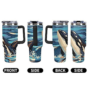 STVNKML 40 Oz Tumbler with Handle Orca Killer Whale Print Stainless Steel Coffee Mug Reusable Travel Mug Leak-proof Insulated Car Cup Large Capacity Tumbler for Travel, Outdoor, Home Use (Black)