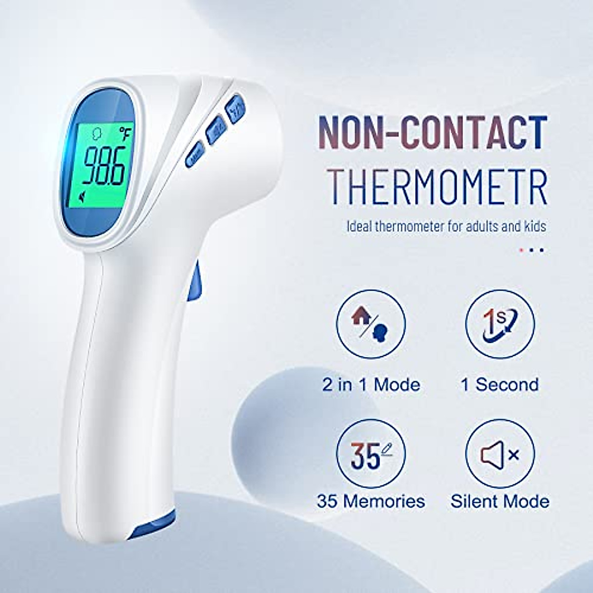 Touchless Thermometer for Adults, Digital Infrared Thermometer Gun with Fever Alarm, Forehead and Object 2 in 1 Mode, Fast Accurate Results (White)