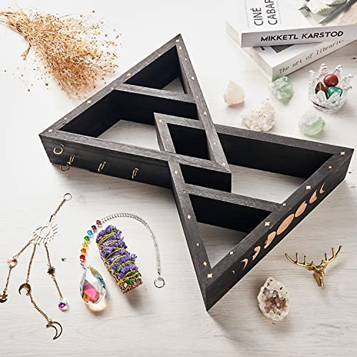 Sysnocon Triangle Crystal Shelf Display with Hooks, Moon Shelf for Witchy Room Decor Triangle Shelf for Crystal Stones Display, Crystal Holder Crystal Organizer Shelf for Living Room, Bed Room