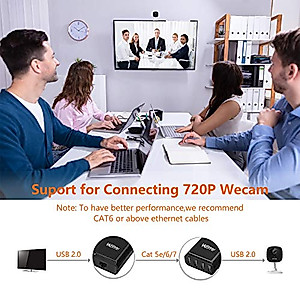 WEme USB Extender, 4-Port USB 2.0 Ethernet Extender Hub Over Cat5/ Cat5e/ Cat6 Cable Connection up to 60Meters/196FT, RJ45 Lan Extension with Power Adapter for Logitech Webcam, Camera, Speakerphone