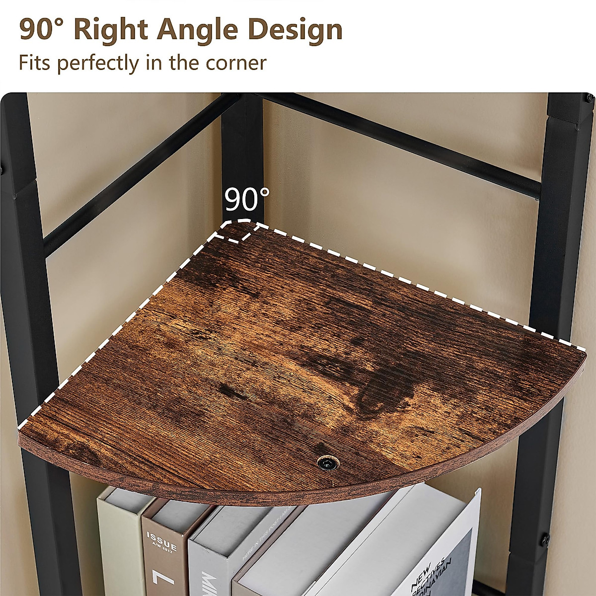 Tajsoon Narrow Corner Shelf Stand 5 Tier 66.5" Industrial Corner Ladder Shelves with Metal Frame, Multipurpose Tall Corner Bookshelf Bedroom, Living Room, Office, Kitchen, Rustic Brown