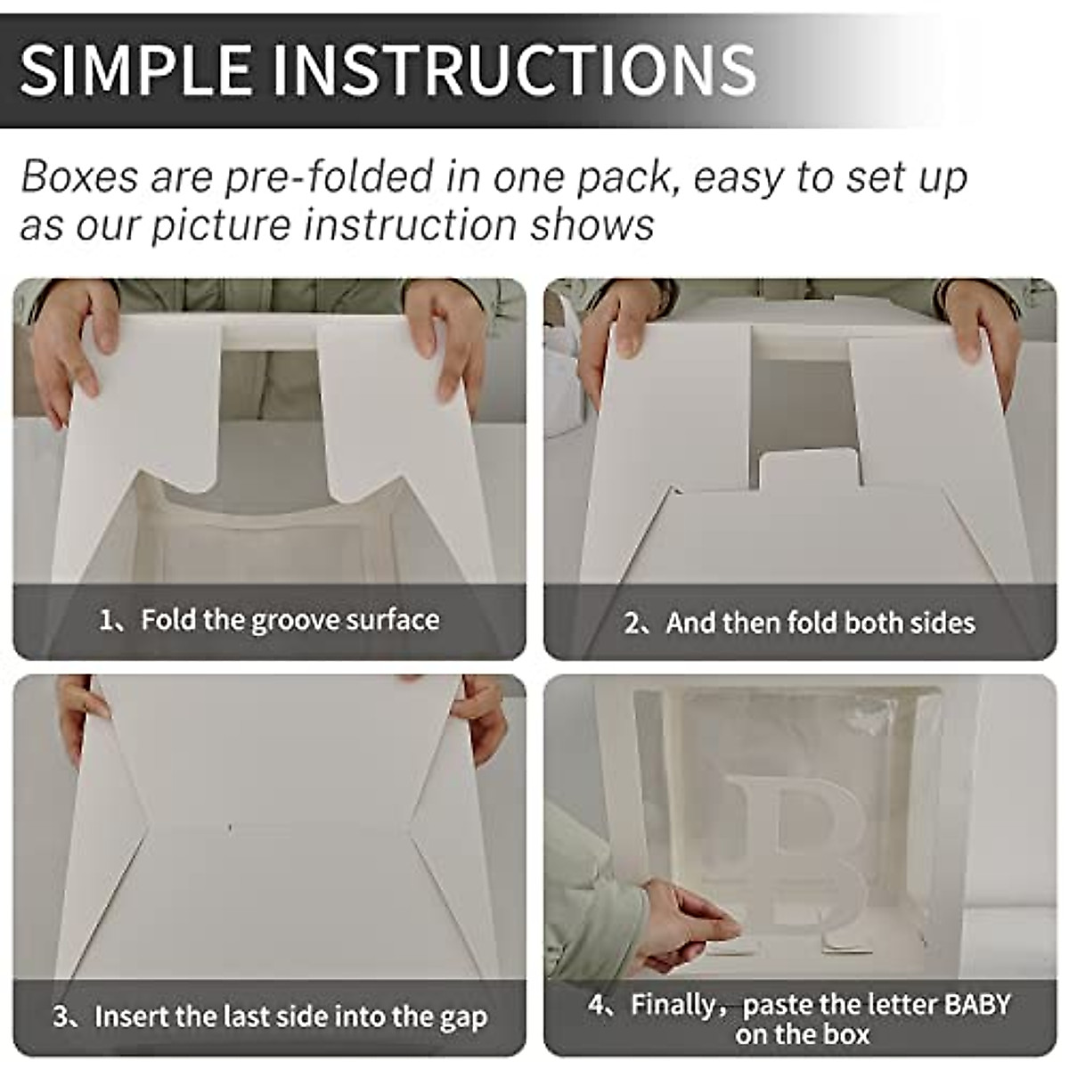 PERPAOL Baby Boxes with Letters for Baby Shower, 4pcs White Clear Balloon Block Box with 8 Letters for Gender Reveal Decorations Birthday Party