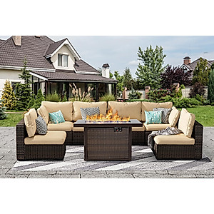 Grezone Patio Furniture Sets 7 Pieces with Fire Pit Table Patio Sectional Outdoor Furniture Patio Sofa Chairs Set PE Rattan Wicker Couch Conversation Set with No-Slip Cushions Waterproof Covers Beige