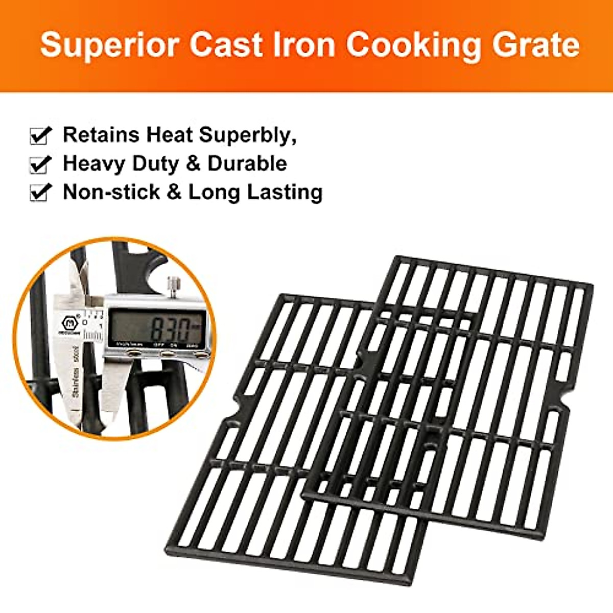 Hisencn Grill Cooking Grates for Char Griller Charcoal Grill 1624 E1515 22424 1515 1224 1616 Smoker Box, Side Fire Box, Cast Iron Grill Grid Replacement Parts 2-Pack
