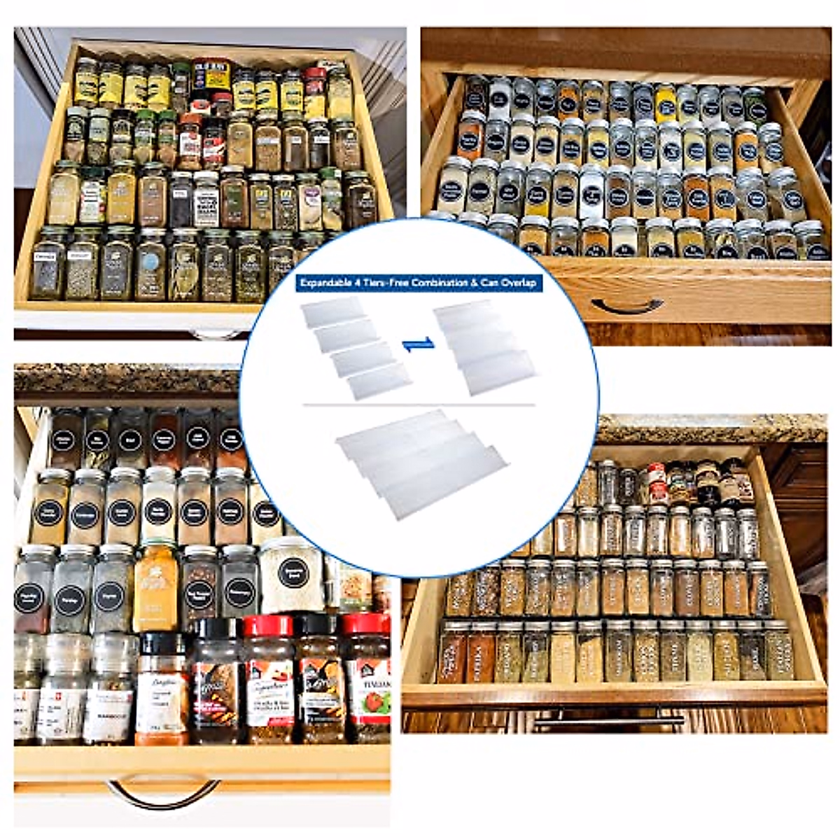 SZWQILIN Spice Drawer Organizer,Spice Rack Drawer for Kitchen, 4 Tier Acrylic Drawer Spice Organizer for Jars and Packets,Expandable From 11" to 22" 8 Pack (Clear)