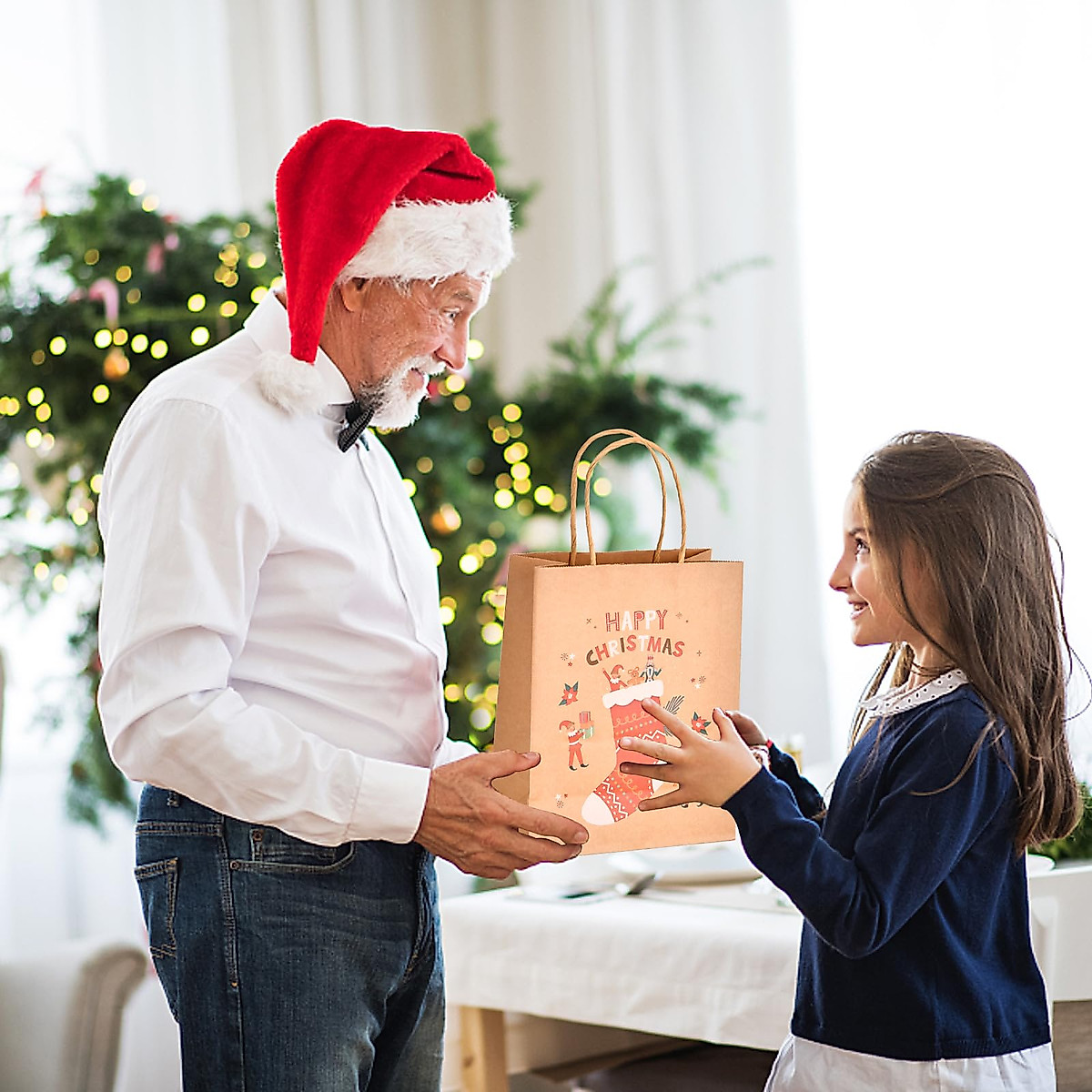 COGLARING 30Pcs Christmas Gift Bags Brown Kraft Paper Bag with Handles Bulk Heavy Duty for Xmas Gifts Holiday Party Favors Treat Goody Bags 7 * 3.8 * 9"