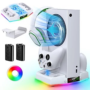 MENEEA Cooling Stand & Charging Station for Xbox Series S with 15 RGB LED Light Modes - Dual Controller Charger & Cooler Fan for Xbox Series S Accessories with 2*1400mAH Batteries and Headphone Hook