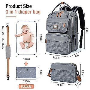 Tonyeee Diaper Bag Backpack- Removable Cross Body Bag,Travel Essentials Baby Bag with Changing Pad & Stroller Straps，Multi function Large Capacity, Waterproof and Stylish, Gray