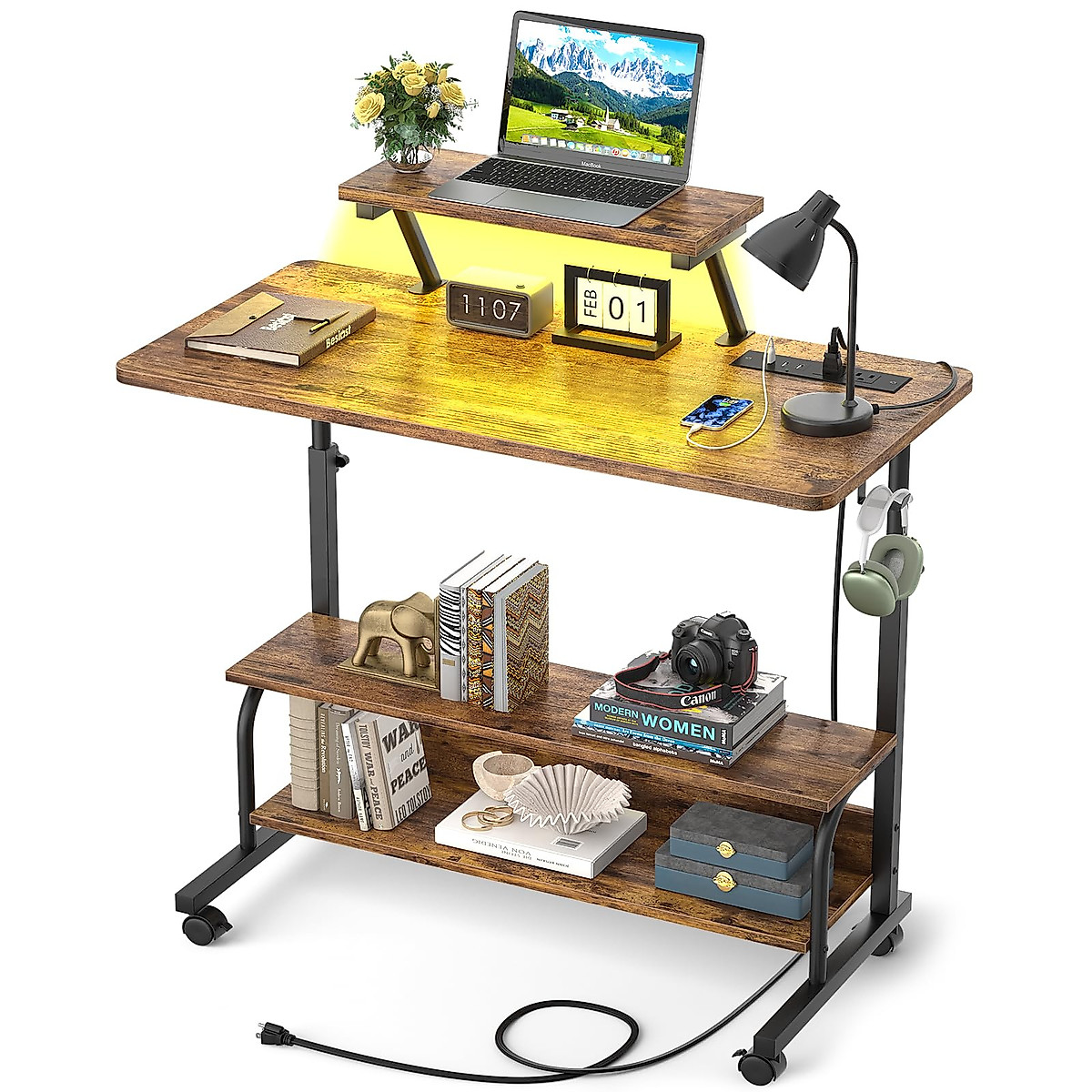 Height Adjustable Standing Desk with Power Outlets and LED Lights - 32" Manual Stand Up Desk with Monitor Stand and Storage Shelves Small Mobile Rolling Computer Desk Portable Laptop Table, Rustic