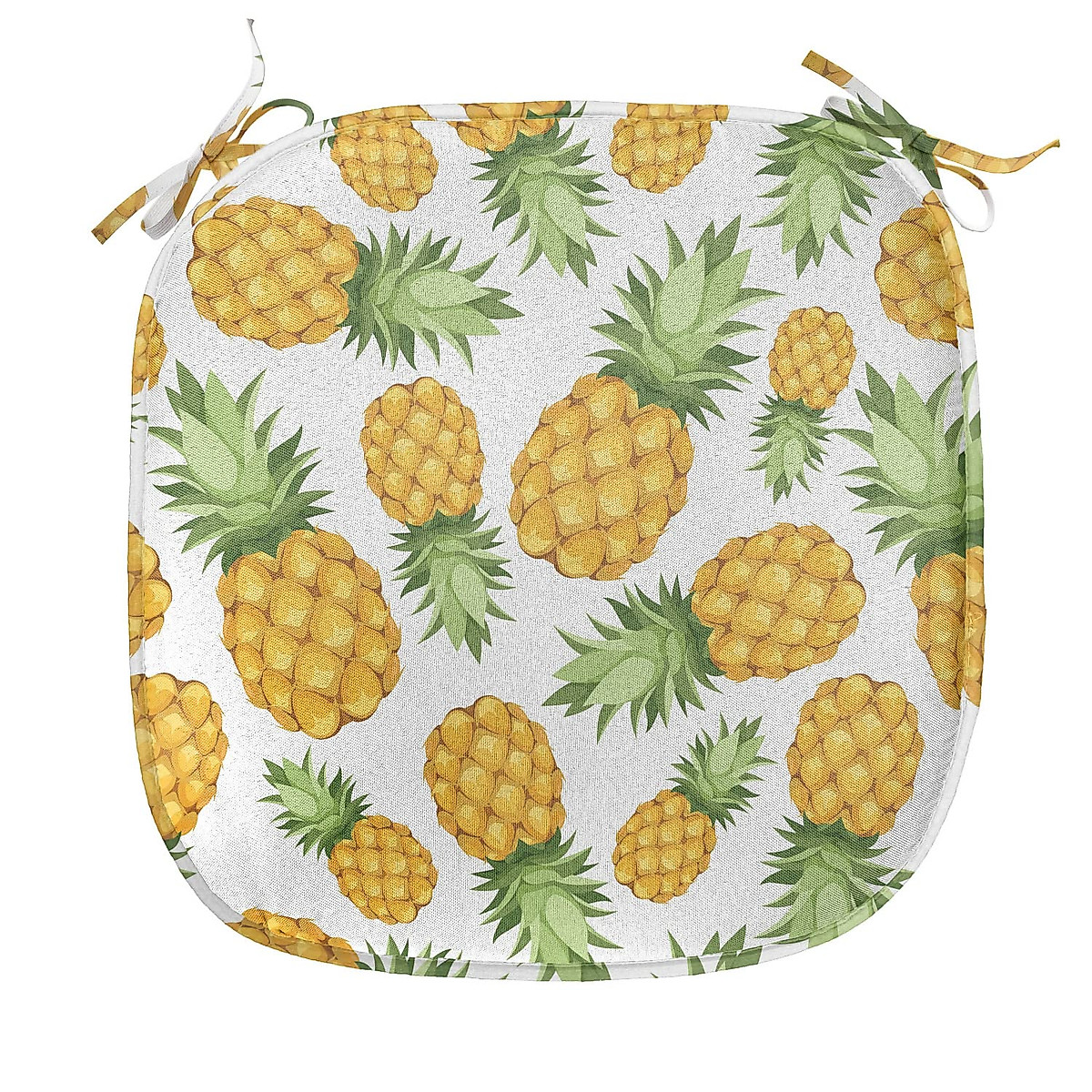 Ambesonne Yellow and White Chair Seating Cushion Set of 4, Pineapples Tropical Climate Fruits Ripe Juicy Food, Anti-Slip Seat Padding for Kitchen & Patio, 16"x16", Earth Yellow Green White