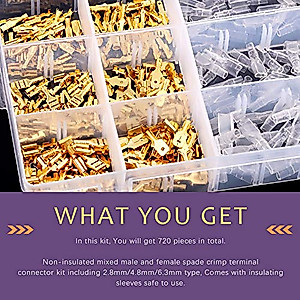 Swpeet 720Pcs Gold 2.8/4.8/6.3mm Male and Female Spade Quick Connectors Wire Crimp Terminal Block with Insulating Sleeve Assortment Kit Perfect for Electrical Wiring Car Audio Speaker