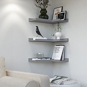 Boswillon 3 Tier Corner Floating Shelves with Protective Lip, Modern Corner Shelves Wall Mounted, Corner Ledge Shelves for Wall Decor, Grey Shelves for Living Room, Bedroom, Bathroom - Gray
