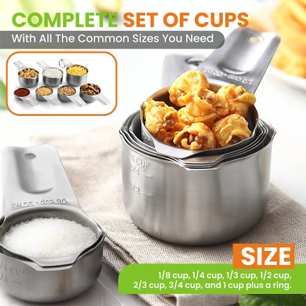 Spring Chef - Stainless Steel Measuring Cups, Kitchen Tools with Easy to Read Markings for Measuring Dry or Liquid Ingredients, Set of 7