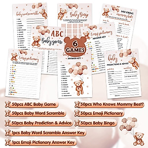 Sinasasspel 302pcs Teddy Bear Baby Shower Game Set of 6 Activities for 50 Guests Gender Neutral Includes Baby ABC, Bingo, Word Scramble, Baby Prediction and More, Each 5x7 Inches