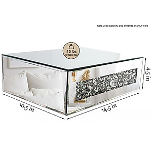 Mirrored Floating Bedside Nightstand with Drawer, Wall Mounted Silver Glass Crystal Diamond Bling Decoration Organizer for Bedroom, Living Room, Small Space, 14.5"×11.5"×4.5"