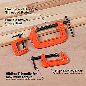 PONY Malleable Iron C-Clamp Set, 3-Piece, (1", 2", 3") Orange