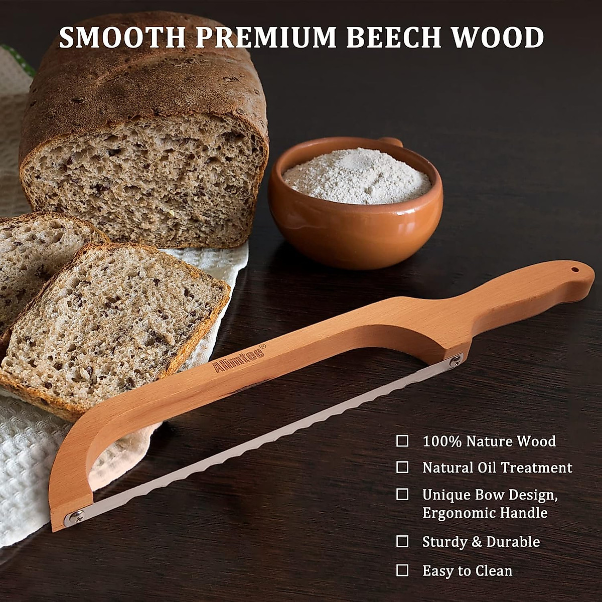 Alimtee Bread Knife for Homemade Bread, 16" Wooden Serrated Bread Slicer Gift for Friends Fiddle Bow Design Easy to Cutting, Sourdough Cutter for Homemade - Premium Stainless Steel