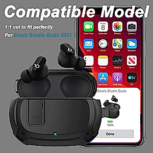 Miimall Compatible for Beats Studio Buds Case, [Secure Lock][Anti-Lost Keychain][Front LED Visible] Military Full-Body Rugged Case Cover for New Beats Studio Buds Case 2021 (Black+Red)