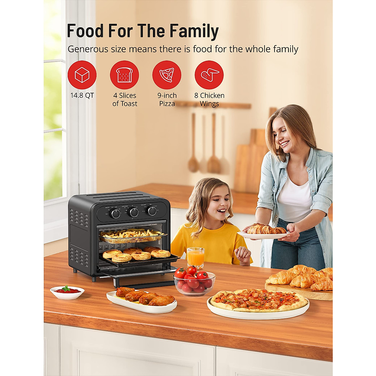 Air Fryer, Paris Rhône 15QT Toaster Oven Countertop, 450℉ Food Dehydrator, Knob-Controlled Freidora de Aire for Easy, Oil Less and Healthy Meals with Nonstick Dishwasher Safe Basket and Trays (Black)