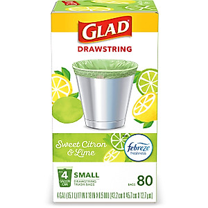 Glad Small Kitchen Drawstring Trash Bags – 4 Gallon Green Trash Bag Febreze , Sweet Citron & Lime, 80 Count (Package May Vary)