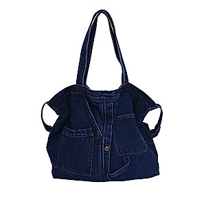 Denim Tote Bag Casual Style Lightweight Classic Retro Travel Shopper Shoulder Handbag Crossbody Handbag (Dark Blue)