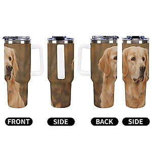 LLUTSNTH 40 Oz Vacuum Tumbler with White Handle Leakproof Insulated Tumbler Golden Retriever Stainless Steel Travel Mug with Lid And Straw Coffee Cup Cute Water Bottles Cup Holder Friendly
