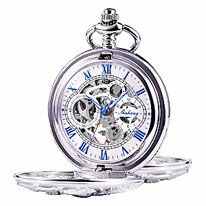 TREEWETO Mens Mechanical Pocket Watch Antique Dream Dragon Skeleton Silver Tone Double Open Case with China & Box Gift for Man Woman
