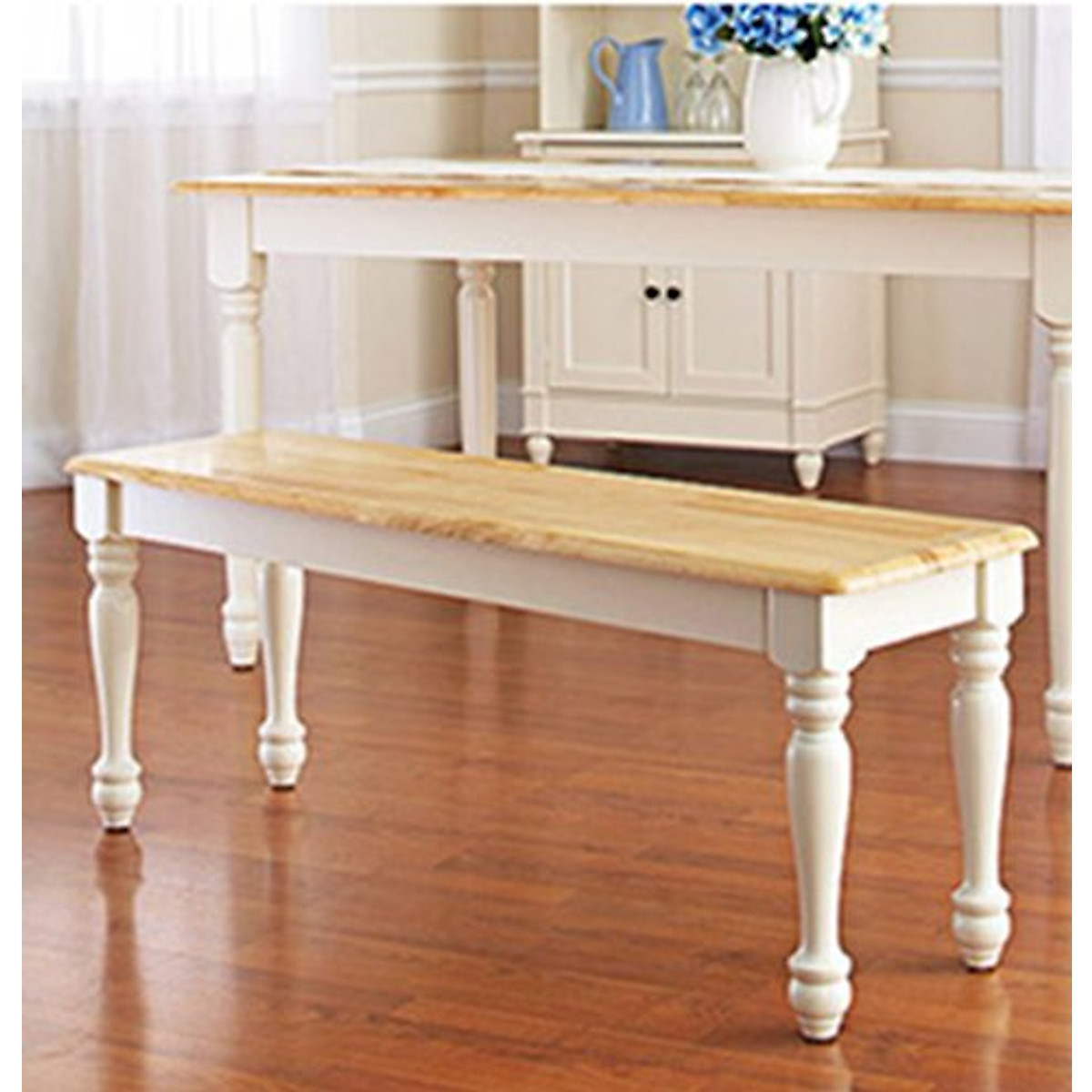 White Dining Room Set with Bench. This Country Style Dining Table and Chairs Set for 6 Is Solid Oak Wood Quality Construction. A Traditional Dining Table Set Inspired By the Farmhouse Antique Furniture Look.