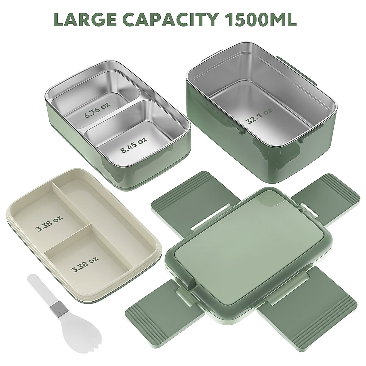 JSCARES Stainless Steel Bento Box Adult Lunch Box, 3 Stackable Bento Lunch Containers, Portable Modern Style Adult Bento Box, Leakproof 51OZ Bento Lunch Box for Kids and Adults (Green)