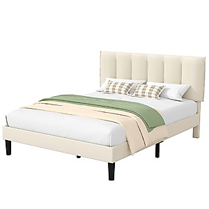 VECELO Full Bed Frame with Upholstered Headboard, Heavy-Duty Platform Bedframe with Strong Wooden Slats Support, No Boxing Spring Needed, Pale Beige