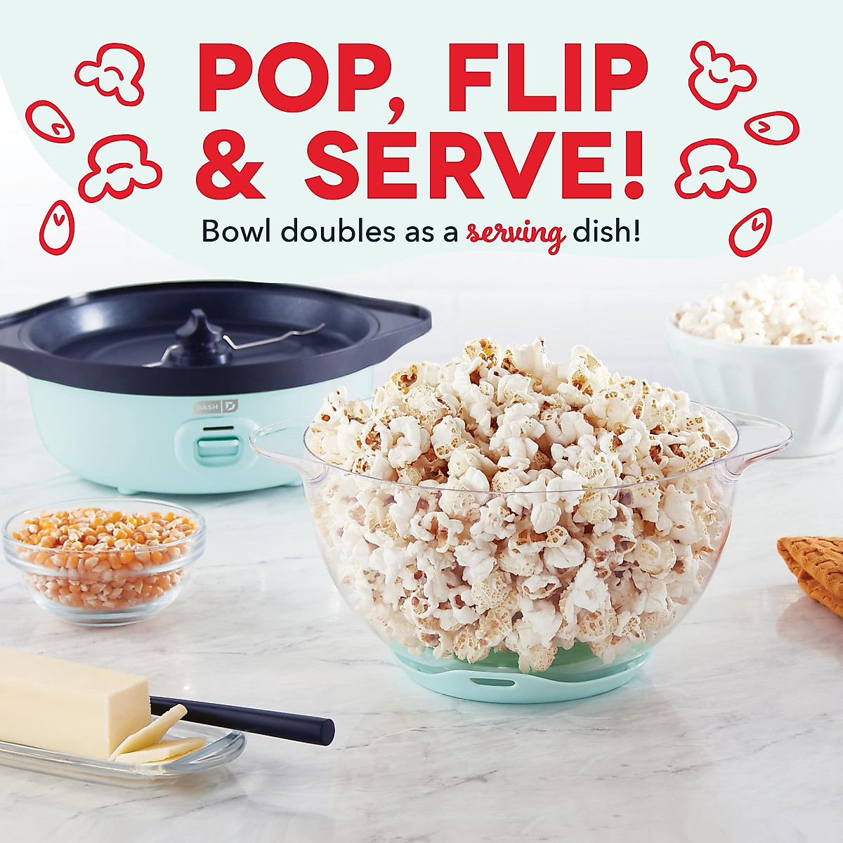 DASH SmartStore™ Stirring Popcorn Maker, 3QT Hot Oil Electric Popcorn Machine with Clear Bowl, 12 Cups - Aqua