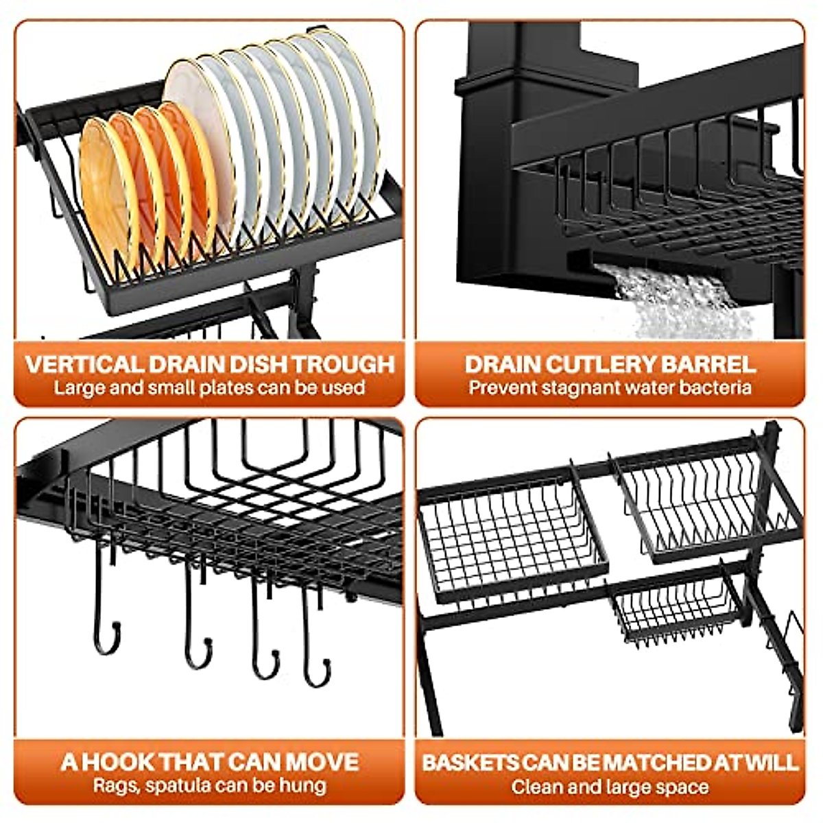 YKLSLH 2 Tiers of Retractable Large Over The Sink Dish Drying Rack with 3 Baskets, for All Sinks (22.8"-39.4"),Adjustable Large Capacity Sink Rack, Iron Drain Rack to Save Space（2 Tiers-3 Baskets）