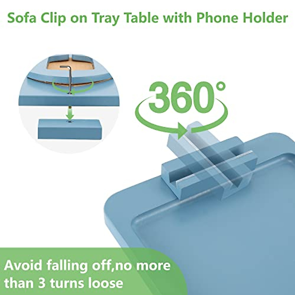 SINWANT Sofa Arm Clip on Tray Table,Bamboo Couch Table for Wide Side Table, Armrest with 360° Phone Holder,Portable TV Table,Sofa Eating and Drink Blue