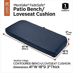 Classic Accessories Montlake FadeSafe Water-Resistant 41 x 18 x 3 Inch Outdoor Bench/Settee Contoured Back Cushion, Patio Furniture Swing Cushion, Heather Indigo Blue, Patio Loveseat Cushion