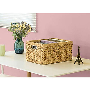 Natural Woven Water Hyacinth Wicker Rectangular Storage Bin Basket with Handles, Large