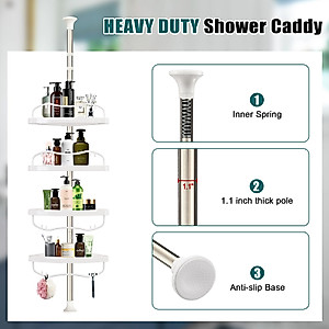 HOSKO Shower Caddy Tension Pole, 4-Tier Adjustable Tension Rod Shower Caddy Corner, Rustproof Shower Organizer Corner Shelf 54 to 114 Inch